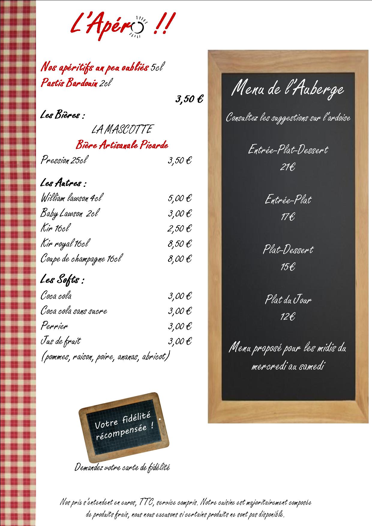 La carte de l'Auberge les Tilleuls dans l'oise - Auberge Les Tilleuls